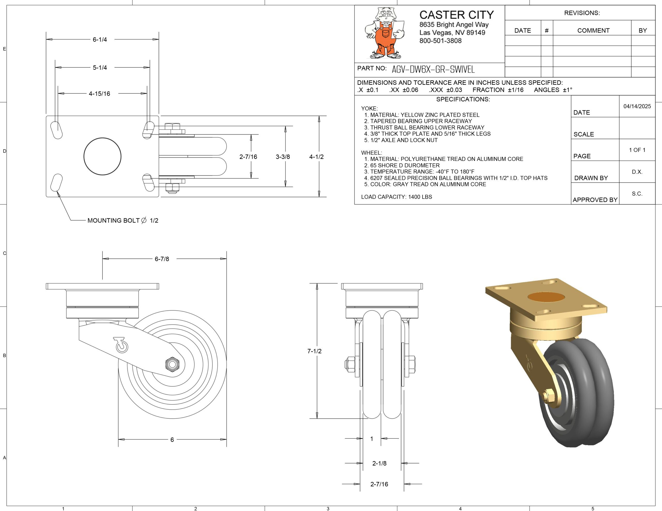 AGV High Performance Swivel Caster - 6 Inch Dual Wheels - Gray ...
